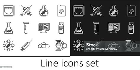 세트 라인 유전 공학 의료 바이알 앰플 Dna 연구 검색 시험관 또는 플라스크 네트워크 포트 케이블 소켓 모니터의 임상 기록 및 교차 주사기 아이콘 벡터 0명에 대한 스톡
