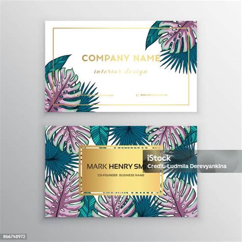 골드 명함 디자인 열 대 잎입니다 벡터 일러스트입니다 열 대 스타일 서식 파일 기업의 정체성 0명에 대한 스톡 벡터 아트 및 기타 이미지 Istock