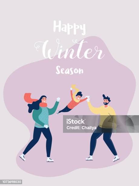 행복 한 가족 아버지 어머니와 아들 겨울에 스케이트 그의 아이 양육 하는 아빠 밝은 미소와 몸짓 하는 행복 한 가족 기쁜 성 탄과 새 해 복 많이 받으세요입니다 12월에