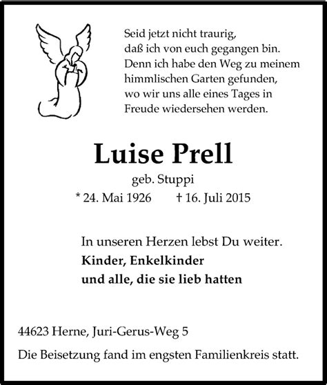Traueranzeigen Von Luise Prell Trauer In Nrw De