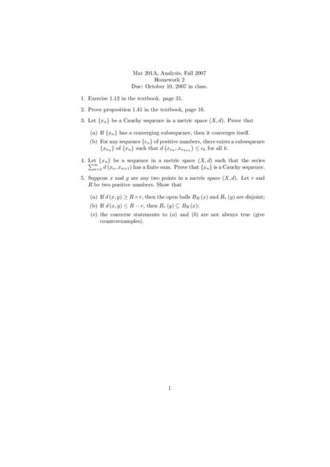 Homework 2 Questions Analysis Fall 2007 Mat 201a Docsity