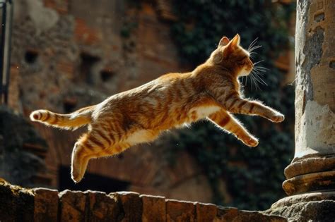 Premium Photo An Abyssinian Cat Leaping Gracefully From One Column To