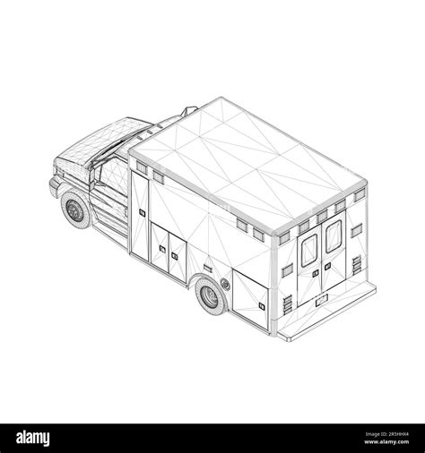 Ambulance Car Wireframe From Black Lines Isolated On White Background Isometric View 3d