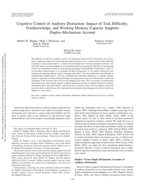Pdf Cognitive Control Of Auditory Distraction Impact Of Task