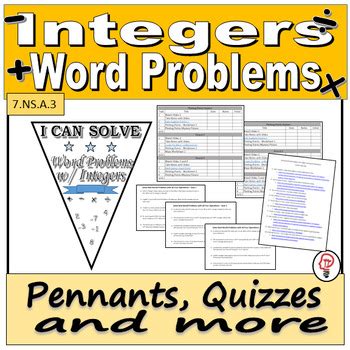 Solve Integer Word Problems All 4 Operations Quizzes Pennants And More