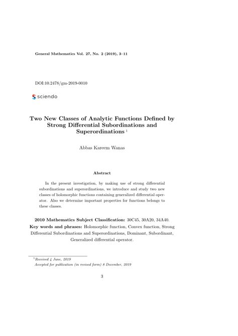 Pdf Two New Classes Of Analytic Functions Defined By Strong