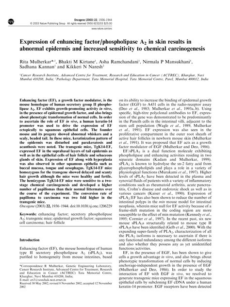 Pdf Expression Of Enhancing Factor Phospholipase A 2 In Skin Results In Abnormal Epidermis