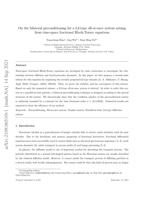 Pdf On The Bilateral Preconditioning For An L2 Type All At Once System Arising From Time Space