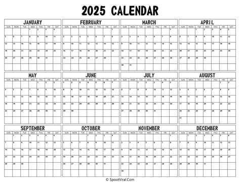 2025 Yearly Calendar Printable One Page King Printables