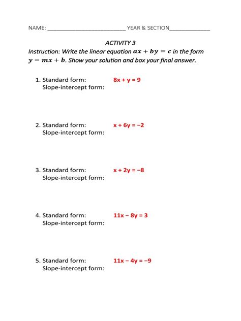 Activity 3 Standard To Slope Intercept Form Pdf Worksheets Library
