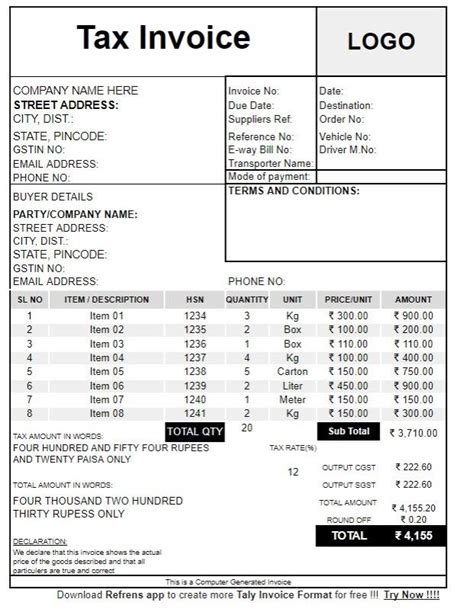 Free Tally Bill Format Word Excel And Pdf