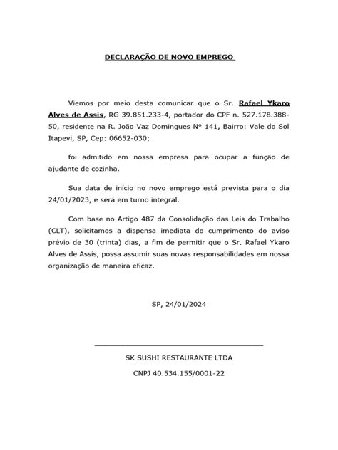 Declaração De Novo Emprego Pdf