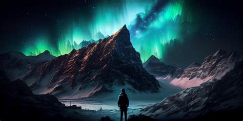 Premium Photo A Man Stands In Front Of A Mountain With The Aurora