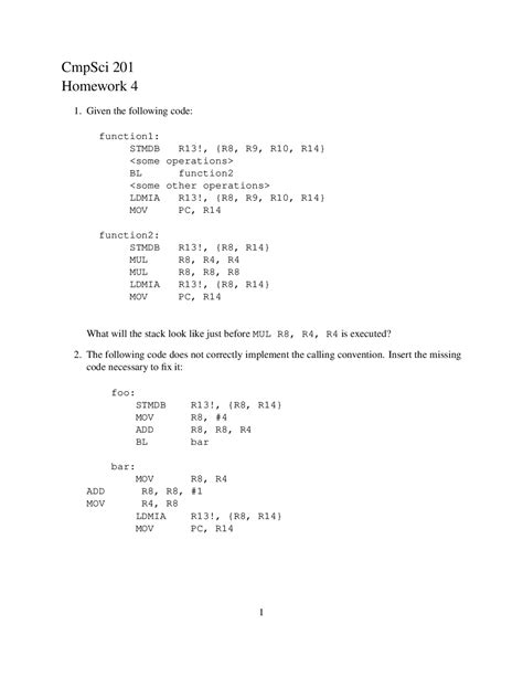 Homework 4 In Cmpsci 201 Stack Analysis And Fibonacci Function In Arm Assembly Assignments