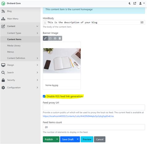 enable disable rss feed per list use webapplica orchard dojo