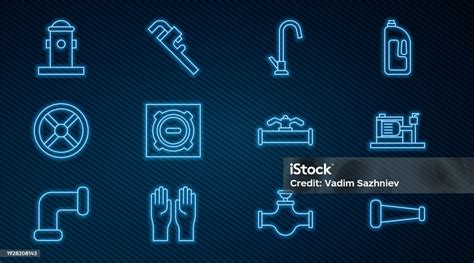 세트 라인 산업 금속 파이프 전기 워터 펌프 수도꼭지 맨홀 하수구 뚜껑 밸브 소화전 및 파이프 조정 가능한 렌치 아이콘 벡터