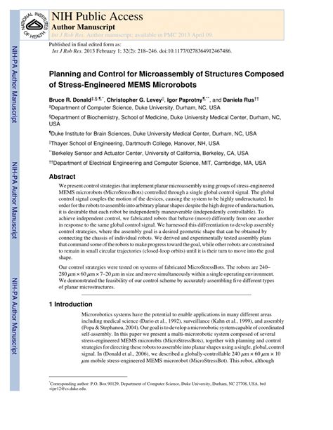 Pdf Planning And Control For Microassembly Of Structures Composed Of Stress Engineered Mems