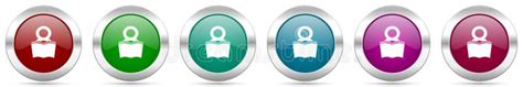 Book Silver Metallic Vector Icon Set Round Glossy Buttons With Chrome Border For Web Design