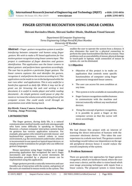 Irjet Finger Gesture Recognition Using Linear Camera Pdf