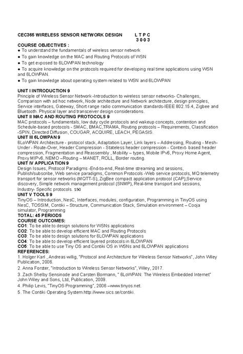 Cec365 Wireless Sensor Network Design L T P C Cec365 Wireless Sensor