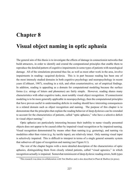 Chapter 8 Visual Object Naming In Optic Aphasia