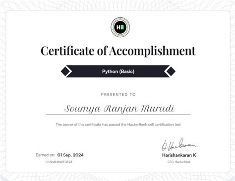 Earned Python Basics Certificate From Hackerrank Soumya Ranjan Murudi