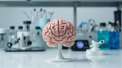 Human Brain Model With Highlighted Areas Neurology Lab In Background Stock Illustration