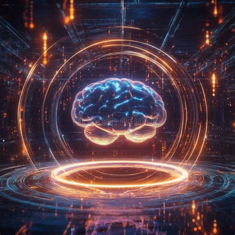 Digital Brain Surrounded By Rings Of Spinning Data Glowing Plasma And