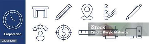 Corporation 세트 아이콘입니다 팀 관리 회의 테이블 연필 지배자 프린터 데스크톱 시계 직원 등급 대상 재무 위치 체크