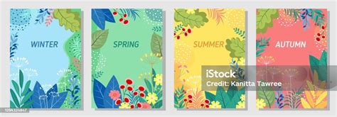 벡터 세트 꽃 배경 자연 배경 사계절 템플릿 배너 표지 템플릿 엽서 가을에 대한 스톡 벡터 아트 및 기타 이미지 가을 겨울 계절 Istock