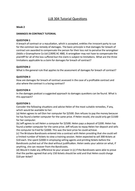 LLB Tutorial Questions LLB Tutorial Questions Week DAMAGES IN CONTRACT TUTORIAL