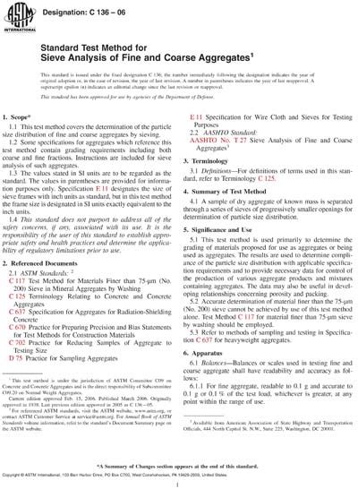 Astm C136 06 Standard Test Method For Sieve Analysis Of Fine And Coarse Aggregates