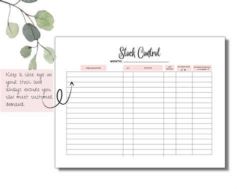 Stock Control Template Inventory Management PDF Printable Record Sheet Instant Download Etsy