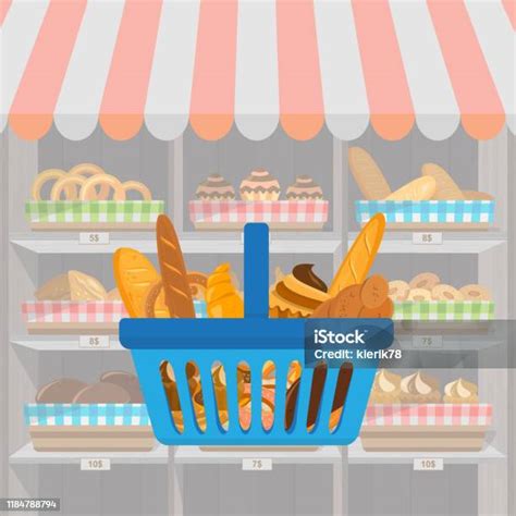쇼핑 바구니에 베이커리 제품 배너 밀 호밀 및 통곡물 빵 프레첼과 베이글 시아바타와 머핀 크루아상과 프렌치 바게트 롱 로프와 토스트 벡터 그림입니다 0명에 대한 스톡 벡터