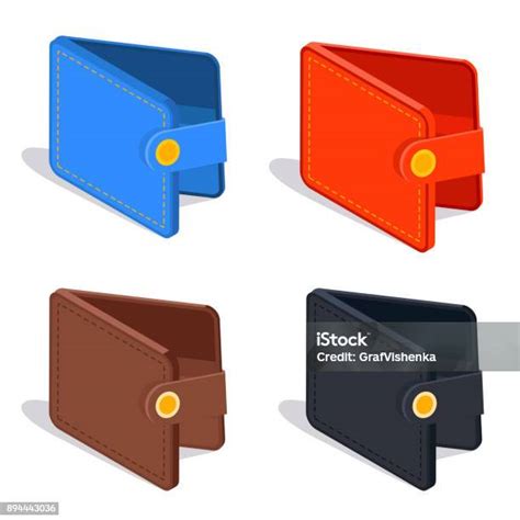 빨간색 파란색 갈색 및 검정 색상 가죽 지갑 아이소메트릭 벡터 아이콘 디자인 돈 신용 카드 또는 문서에 대 한 지갑 케이스 3차원 형태에 대한 스톡 벡터 아트 및 기타