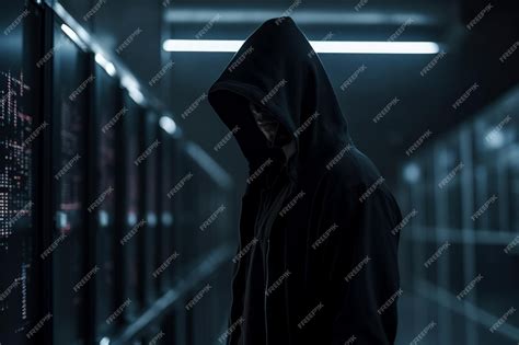 Premium Ai Image Dark Hacker With Hood And Mask Inside Of Data Center Generative Ai