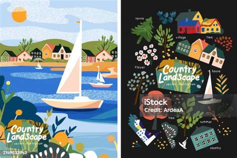 시골 풍경입니다 여름과 자연 마을 도시 호수 보트 집 강 도시 거리 부시 포스터 배경 또는 카드의 벡터 귀여운 일러스트 도시에 대한 스톡 벡터 아트 및 기타 이미지 Istock
