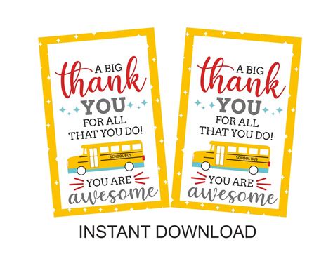 Printable Bus Driver Appreciation Tags Thank You Bus Driver