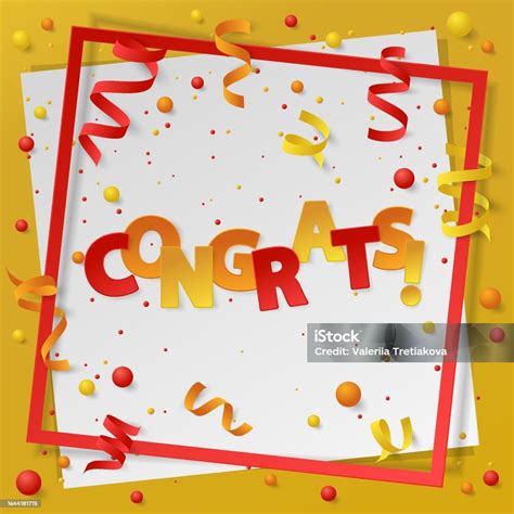 종이 프레임 유색 먼지 색종이 공과 구불구불한 색 리본 및 글자가 있는 카드 축하합니다 흰색과 금색 배경에 벡터 그림입니다 배너 휴일 파티를 위한 요소 공란에 대한 스톡