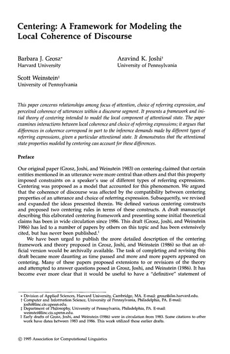 Pdf Centering A Framework For Modeling The Local Coherence Of Discourse