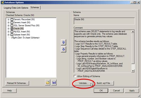 sql error ora 00906 when setting up oracle database to log teststand results ni