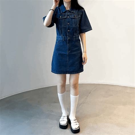 [원가이하세일] 포켓 카라 반팔 데님 청 미니 원피스 에이블리