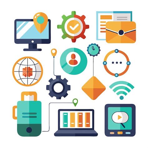 Colorful Flat Design Icons Of Computer Laptop Smartphone Globe Gear Map Pin Wifi User Clock And