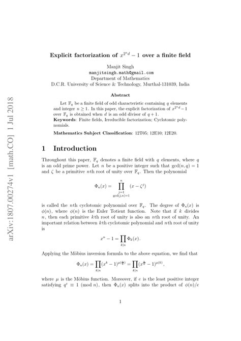 Pdf Explicit Factorization Of X 2nd 1 Over A Finite Field