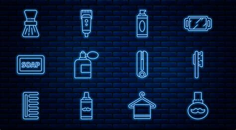 세트 라인 수염과 콧수염 관리 오일 병 헤어 브러시 면도 젤 폼 분무기가있는 애프터 셰이브 비누 바 머리카락 용 컬링 아이언 및 전기 클리퍼 면도기 아이콘 벡터 기포에 대한