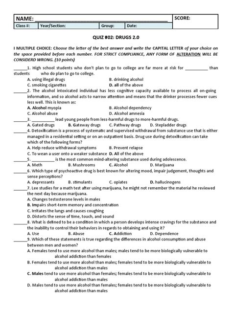 Drugs Quiz 20 Multiple Choice And True False Questions Pdf