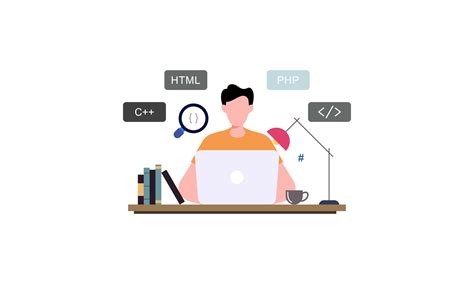 Man Programmer Is Working On His Laptop Coding And Programming 16915097 Vector Art At Vecteezy