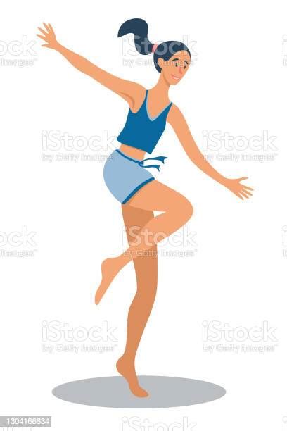 쾌활한 여자는 반바지와 탱크 탑에 점프 벡터 만화 행복 한 여자 점프 가득 찬에 대한 스톡 벡터 아트 및 기타 이미지 가득 찬 귀여운 길이 Istock