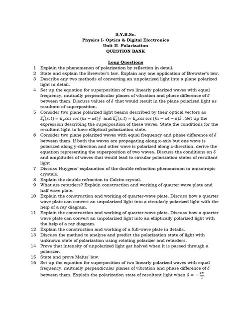 Sybsc Sem Iv Question Bank Physics I Unit Ii And Iii Pdf Polarization Waves Waves