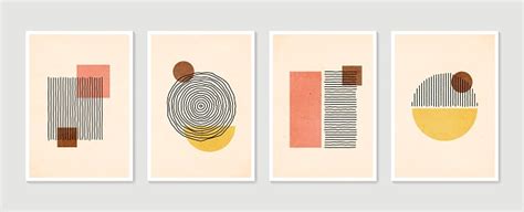 추상적 인 미적 미니멀 한 손으로 그린 현대 포스터의 기하학적 트렌디 한 세트 벽 장식 인테리어 포스터 디자인에 이상적인 현대 미술 현대 벡터 일러스트레이션 1950